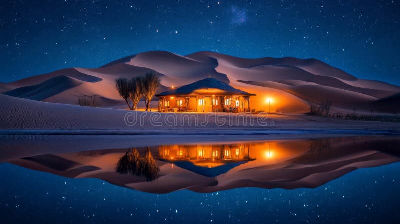 Desert Oasis with Starry Night and Water Reflection Stock Illustration ...