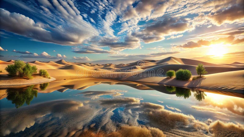 Desert Oasis Sunset Reflection Wide Angle Composition Stock ...