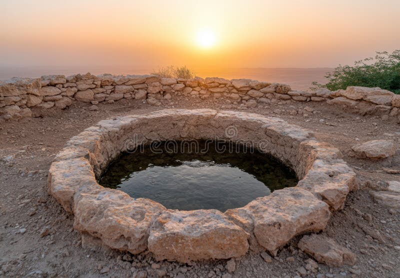 Desert Oasis at Sunset with a Stone Well. Stock Illustration ...