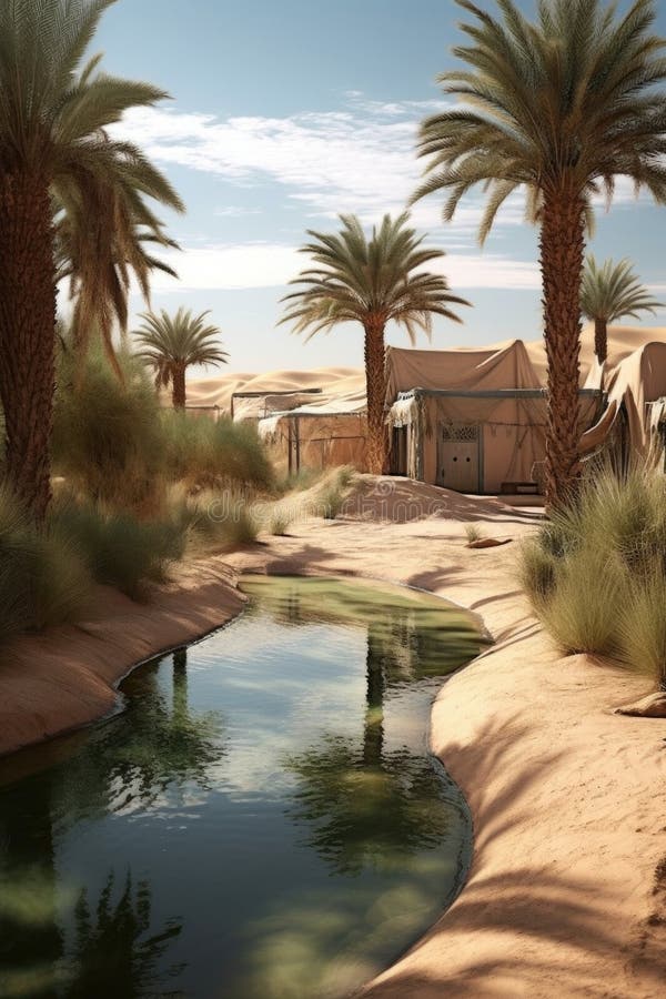 Desert Oasis Surrounded by Sand Dunes and Caravan Tracks Stock Image ...