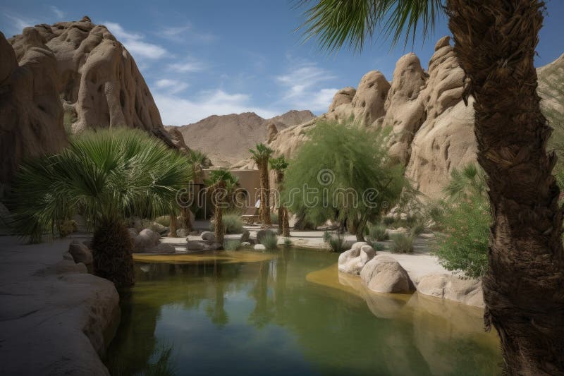 Desert Oasis with Flowing Waterfalls, Surrounded by Greenery and Palm ...