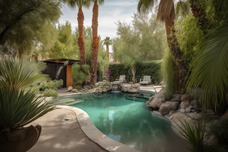 Desert Oasis with Swimming Pool, Surrounded by Lush Greenery Stock ...