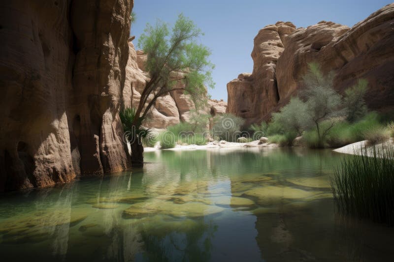 Desert Oasis, with Towering Rock Formations and Crystal Clear Waters ...