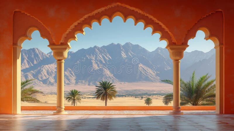 Desert Oasis View through Architectural Archway Stock Illustration ...