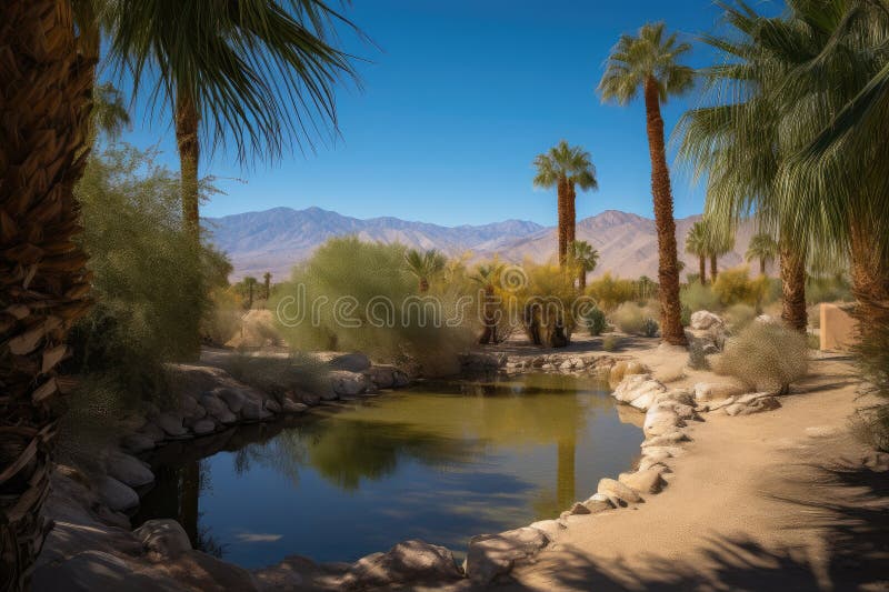 Desert Oasis, with View of Distant Mountain Range and Clear Blue Sky ...