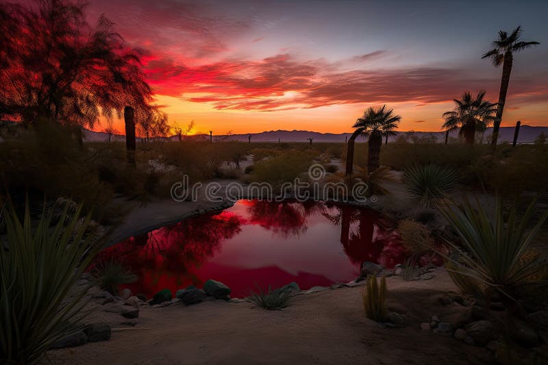 Desert Oasis, with View of Dramatic Sunrise, Surrounded by Reds and ...