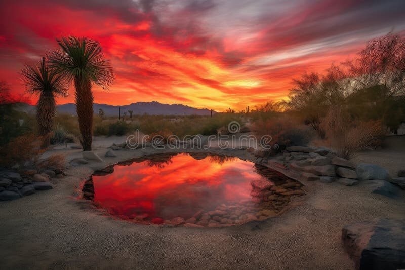 Desert Oasis, with View of Dramatic Sunrise, Surrounded by Reds and ...