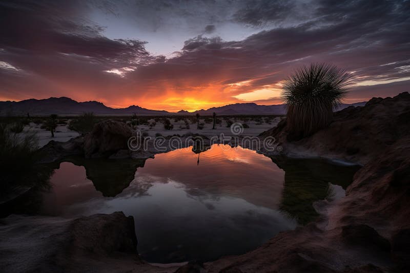 Desert Oasis, with View of a Dramatic Sunset Sky, and Silhouetted Rocks ...