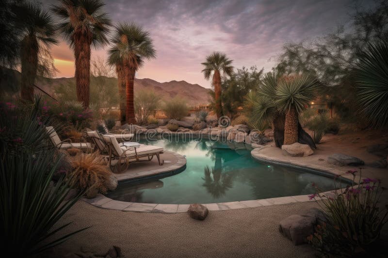 Desert Oasis View with Glittering Swimming Pool and Lounge Chairs Stock ...