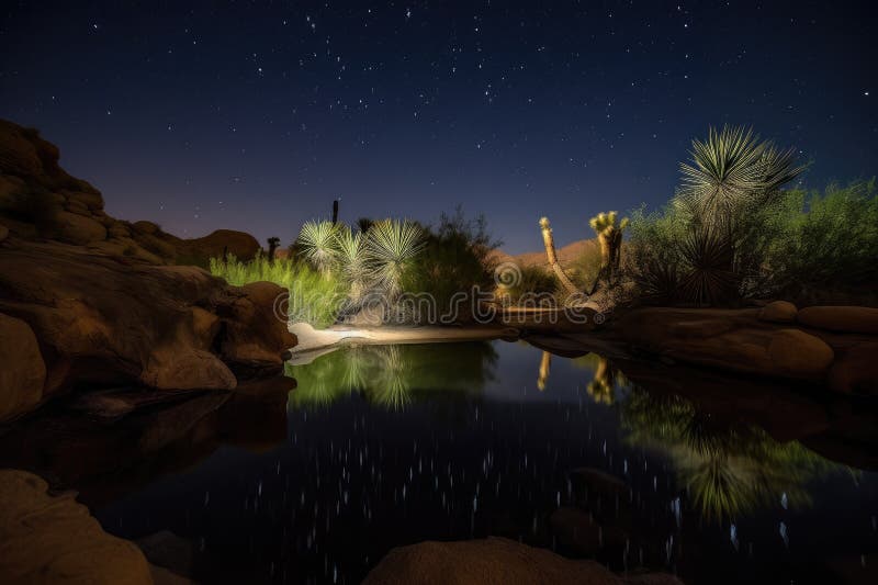Desert Oasis with View of the Night Sky, Stars Shining Brightly Stock ...