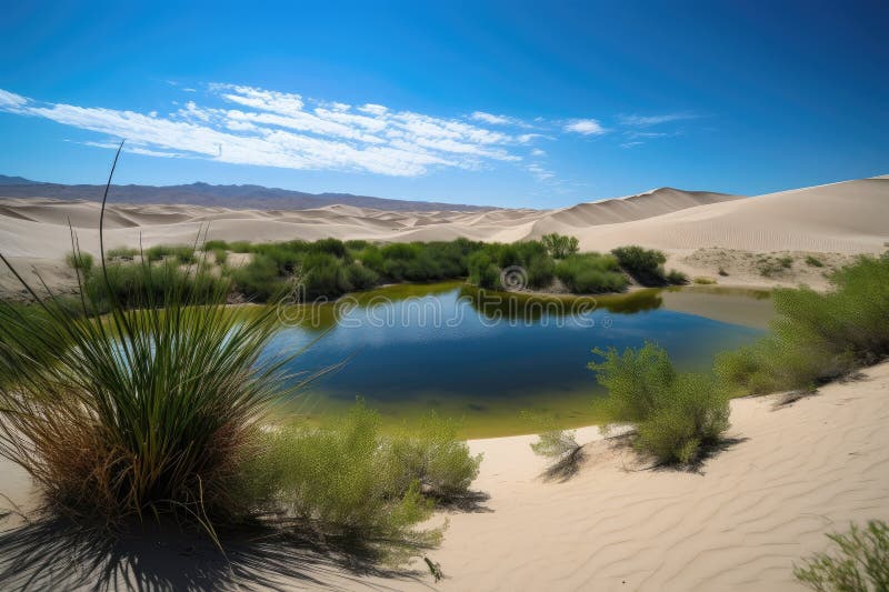 Desert Oasis View with Glittering Swimming Pool and Lounge Chairs Stock ...