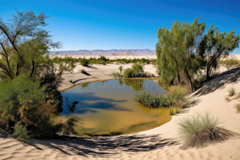 Desert Oasis, with View of Rolling Dunes and Blue Sky Stock ...