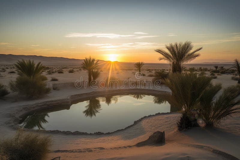 Desert Oasis with View of Rolling Sand Dunes, with the Sun Setting in ...