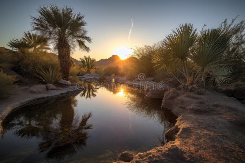 Desert Oasis, with View of Sunset and the Last Rays of Sunlight ...