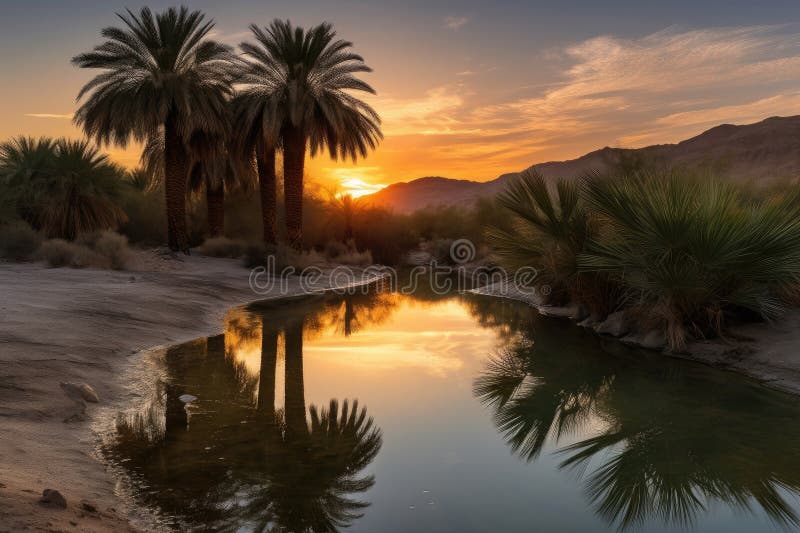 Desert Oasis, with View of Sunset and the Last Rays of Sunlight ...