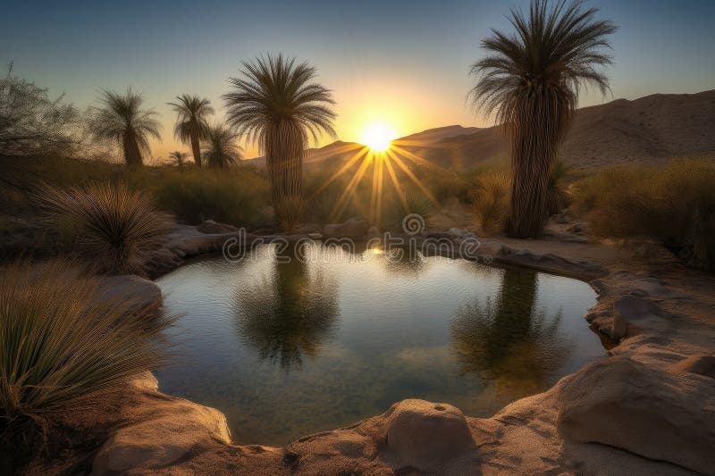Desert Oasis, with View of Sunset and the Last Rays of Sunlight ...