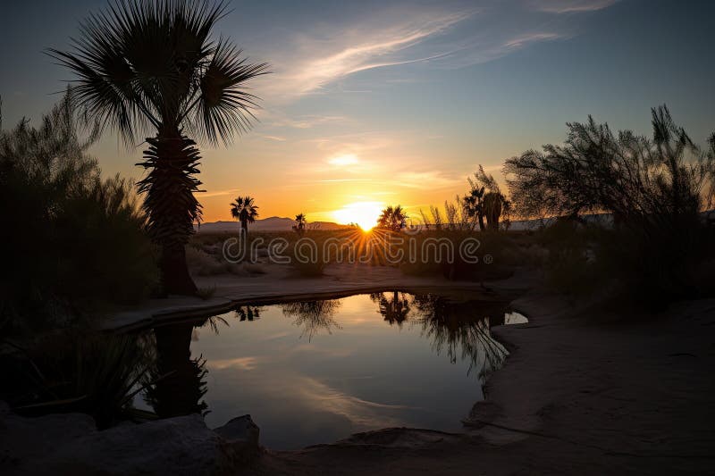 Desert Oasis, with View of the Sunset, and Silhouettes of Trees in the ...