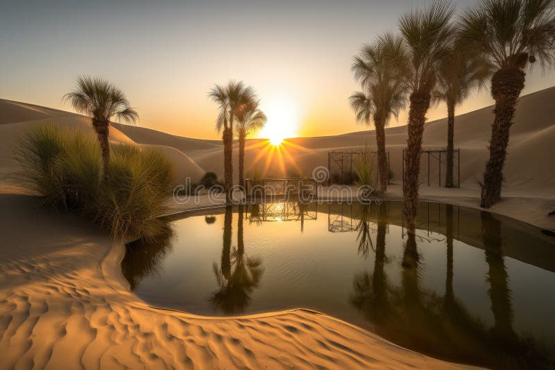 Desert Oasis, with a View of Towering Dunes and the Setting Sun Stock ...