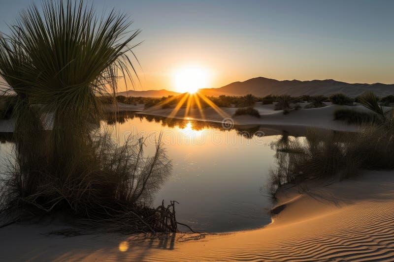 Desert Oasis, with a View of Towering Dunes and the Setting Sun Stock ...