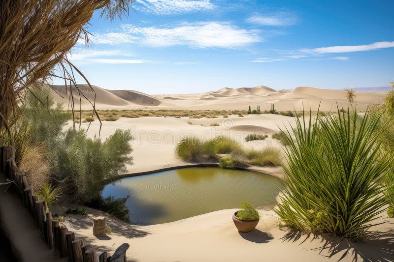 Desert Oasis, with View of Towering Sand Dunes and Rolling Waves Stock ...
