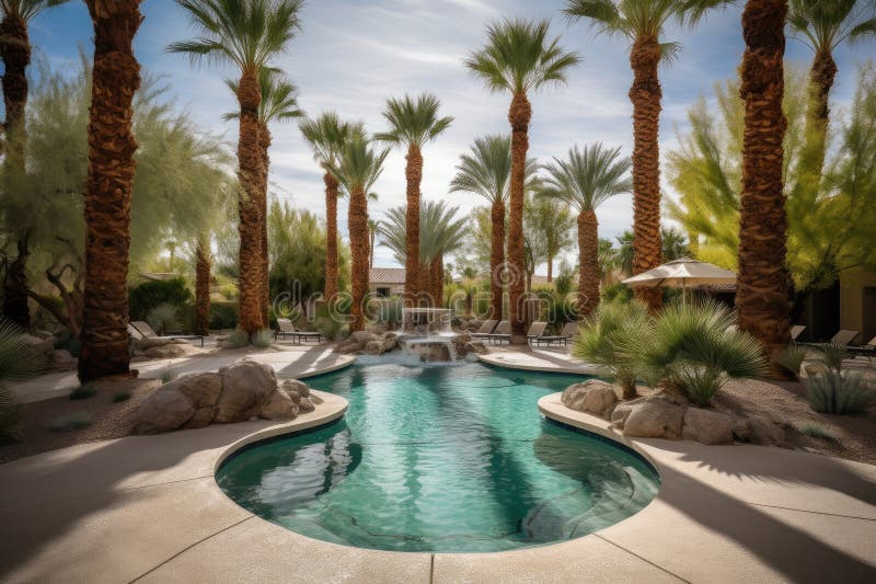 Desert Oasis, with Water Fountain and Pool, Surrounded by Palm Trees ...
