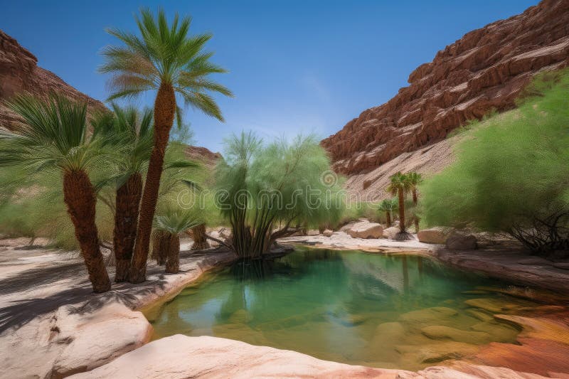 Desert Oasis, with Water Pool and Palm Trees, Surrounded by Red Rocks ...