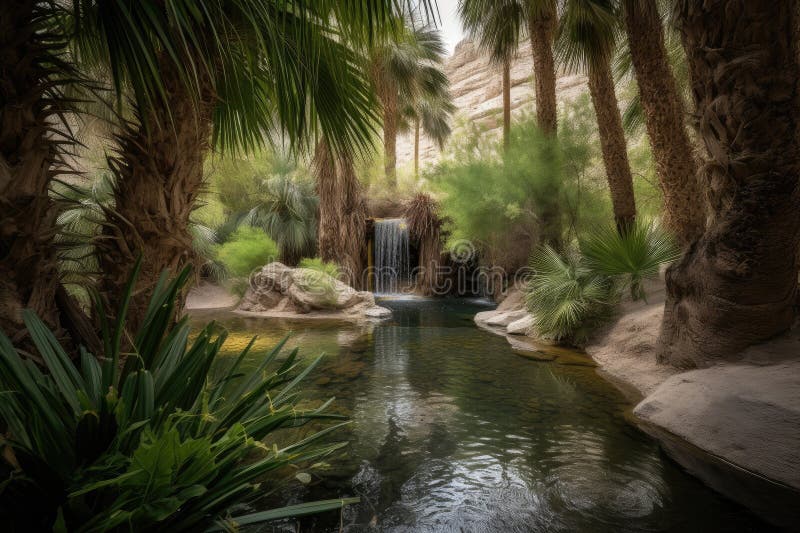 Desert Oasis with Waterfall, Surrounded by Greenery Stock Image - Image ...