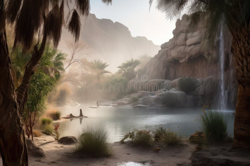 Desert Oasis with Flowing Stream, Surrounded by Towering Rock ...