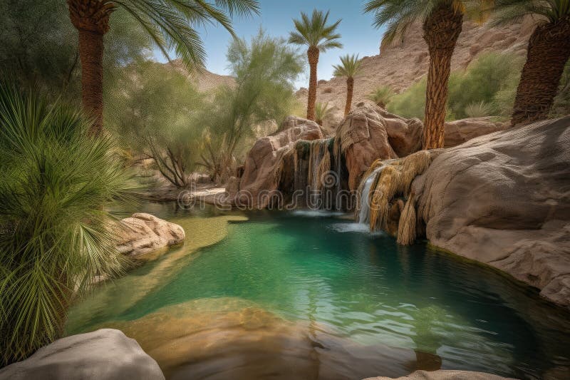 Desert Oasis with Waterfalls and Rock Pools on a Mountainside Stock ...