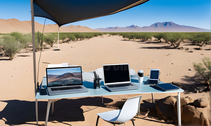 Desert Office Setup with Two Laptops and a Solar Panel Under an Awning ...