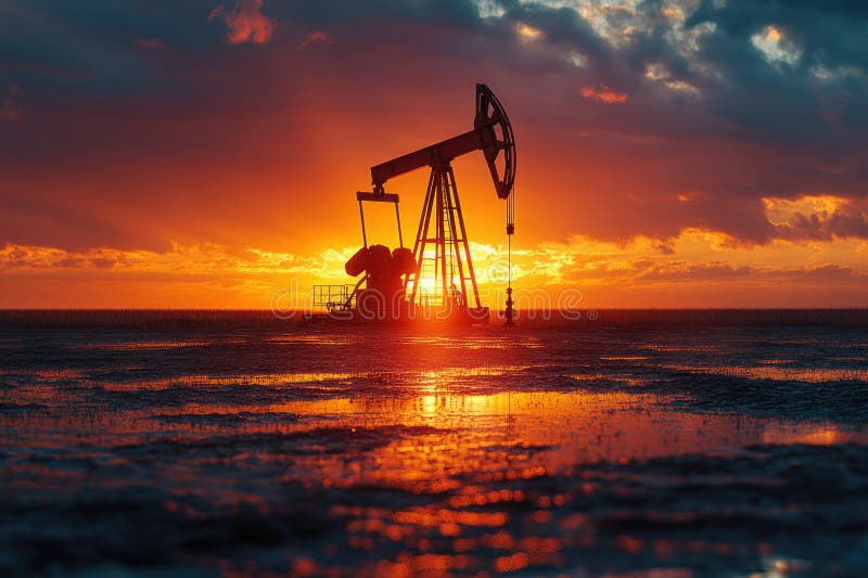 Desert Oil Rig at Sunset: Industrial Machine Extracting Crude Oil W ...