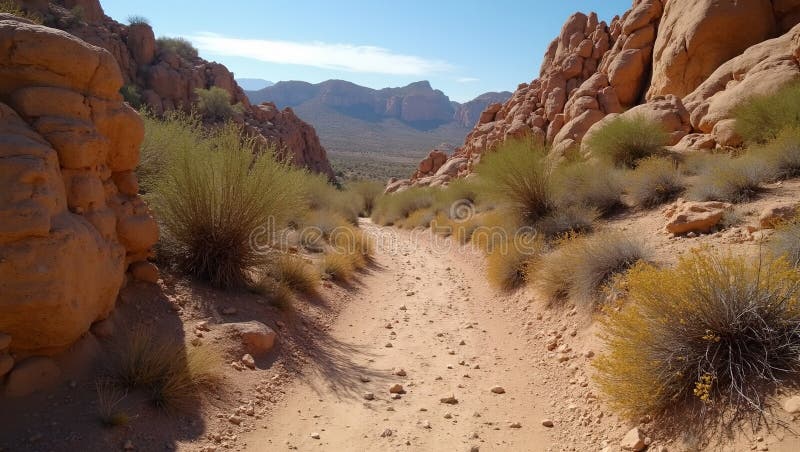 Desert Path with Cacti and Shrubs Amidst Rocky Terrain Stock ...