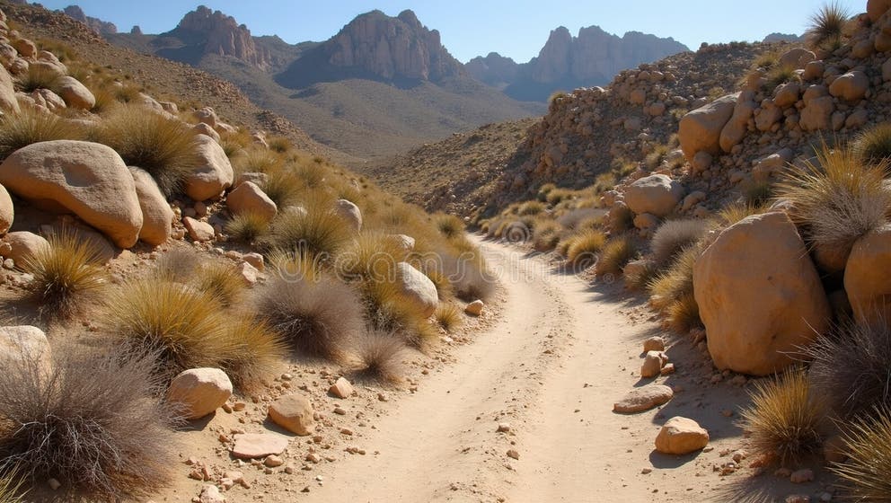 Desert Path with Cacti and Shrubs Amidst Rocky Terrain Stock ...
