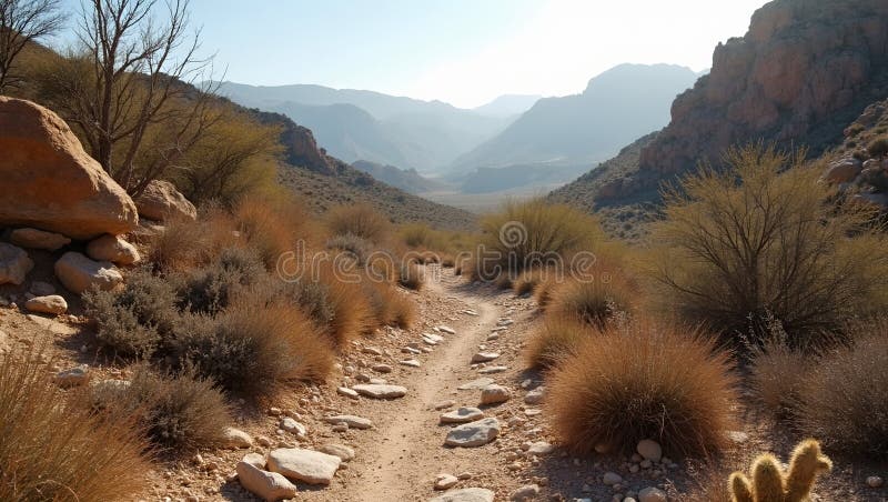 Desert Path with Cacti and Shrubs Amidst Rocky Terrain Stock ...