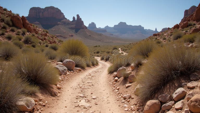 Desert Path with Cacti and Shrubs Amidst Rocky Terrain Stock ...