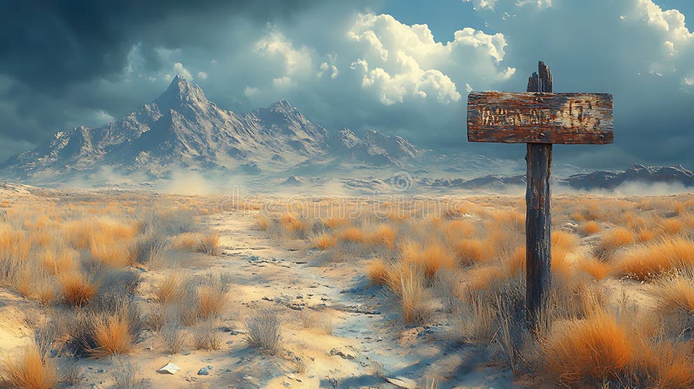 Desert Path Signpost, Mountains, Storm Clouds, Adventure Stock ...
