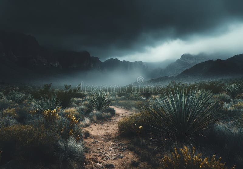 Desert Path Under a Dramatic Dark Sky Stock Illustration - Illustration ...