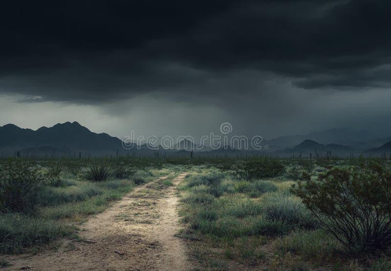 Desert Path Under a Dramatic Stormy Sky Stock Illustration ...