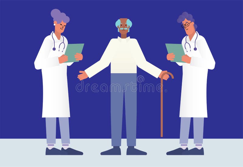Flat Style Illustration of Cartoon Doctors Examine an Old Man Stock ...