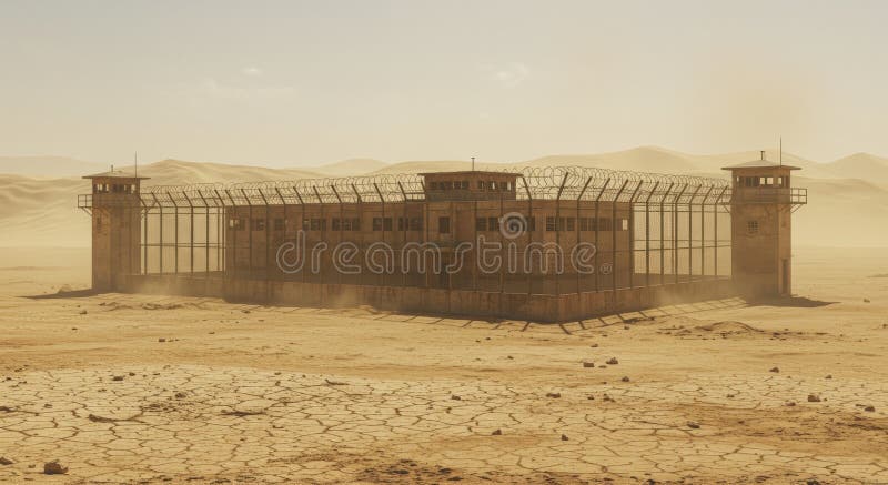 Desert Prison Complex with Barbed Wire in Arid Landscape Stock ...