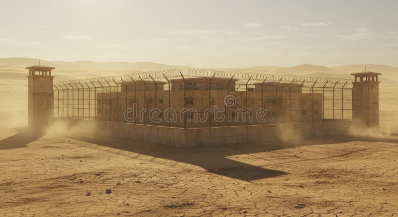 Desert Prison Surrounded by Barbed Wire Fence Under a Hazy Sky Stock ...