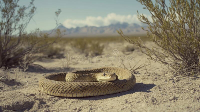 Desert Rattlesnake Coiled in Sand, Arid Landscape Stock Illustration ...