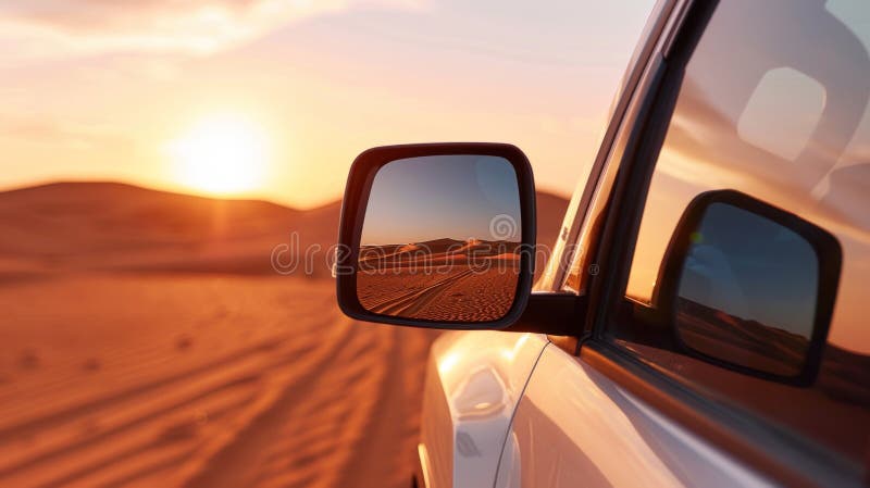 Desert Reflection: Suv Mirror Capturing Stunning Sunset in Serene Sand ...