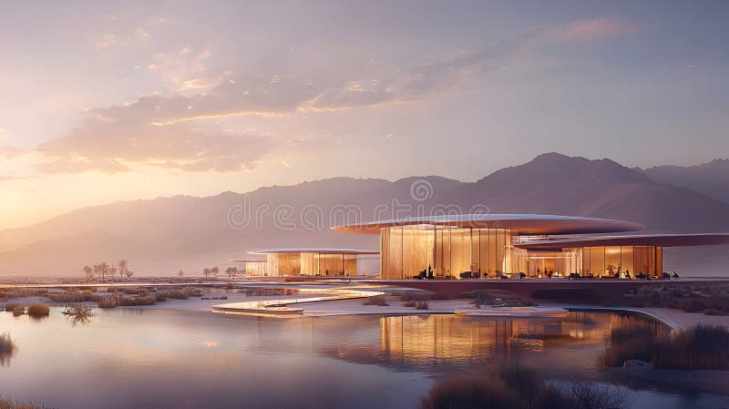 Desert Resort Sunset, Tranquil Oasis, Mountain Backdrop, Architectural ...