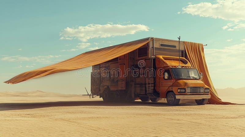 Desert Rig with Awning, Wind and Sand . Stock Photo - Image of drive ...