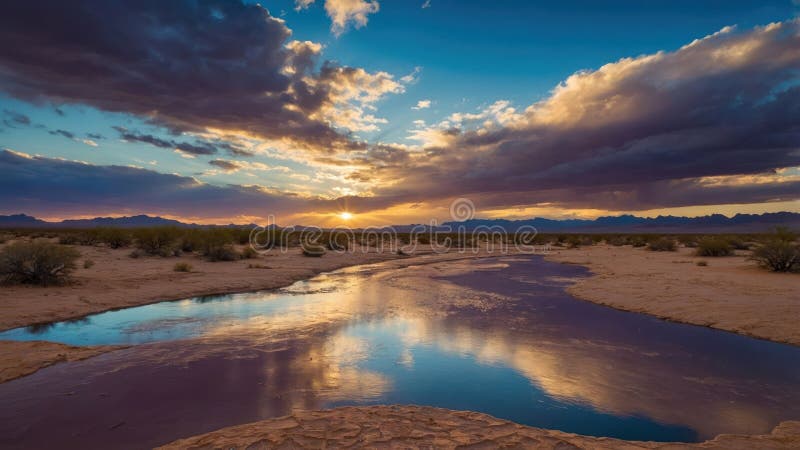 Serene Desert Sunset: Tranquil Creek Reflecting Vivid Sky Stock ...