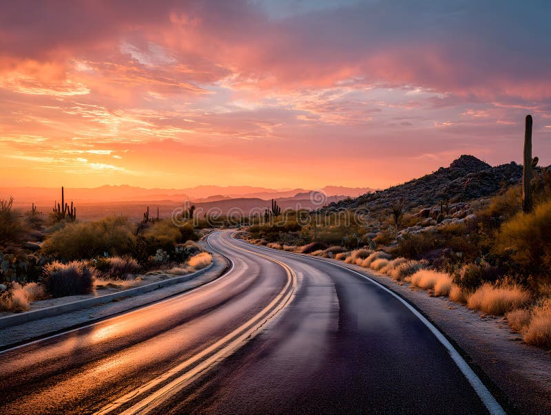 Desert Road Bathed in Golden Sunset Stock Illustration - Illustration ...