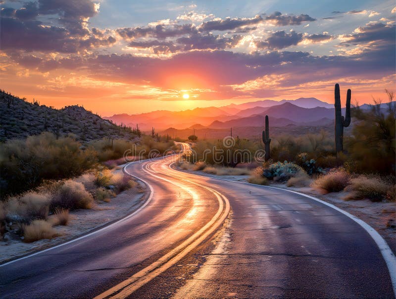 Desert Road in Golden Sunset Light Stock Illustration - Illustration of ...