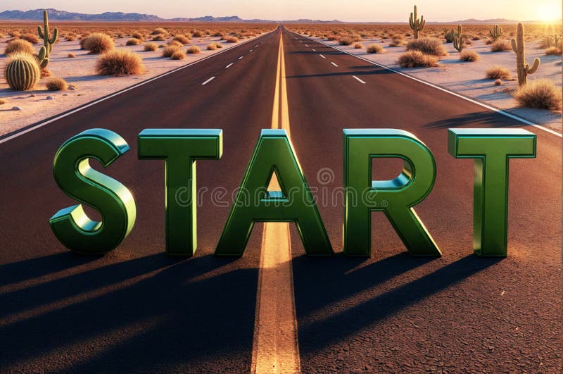 A Desert Road with the 3d Render Text Word "START" in Large, Three ...