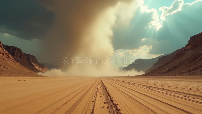 Desert Road with Dust Storm and Sun Rays Stock Illustration ...